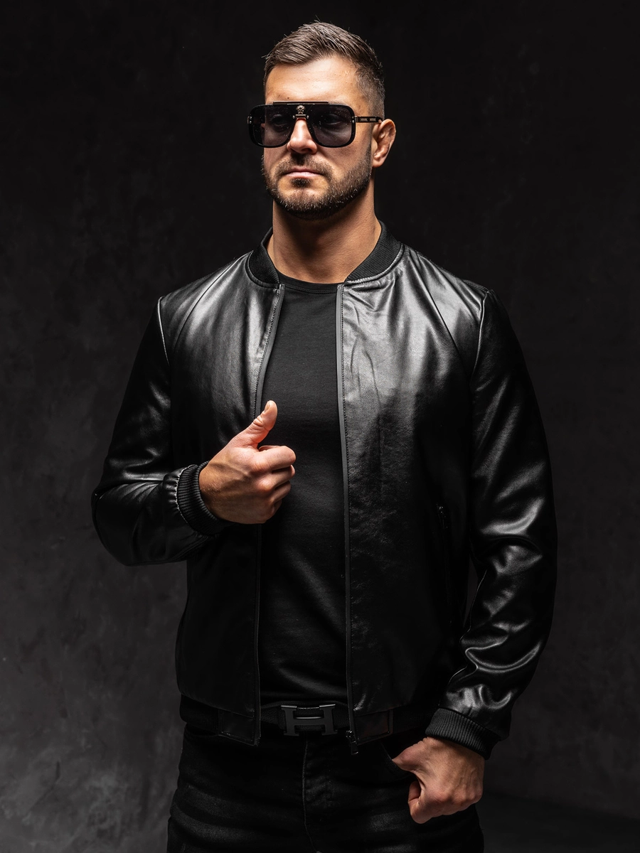 Czarna skórzana kurtka męska Denley 6803A1